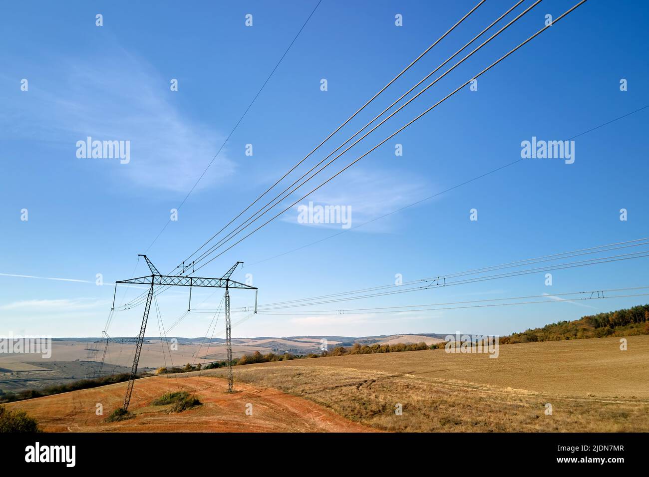 Steel pillar with high voltage electric power lines delivering ...