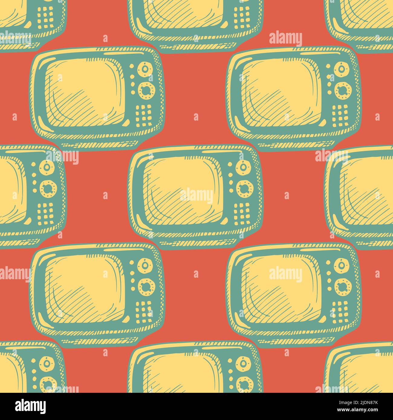 Retro TV engraved seamless pattern. Vintage television background in ...