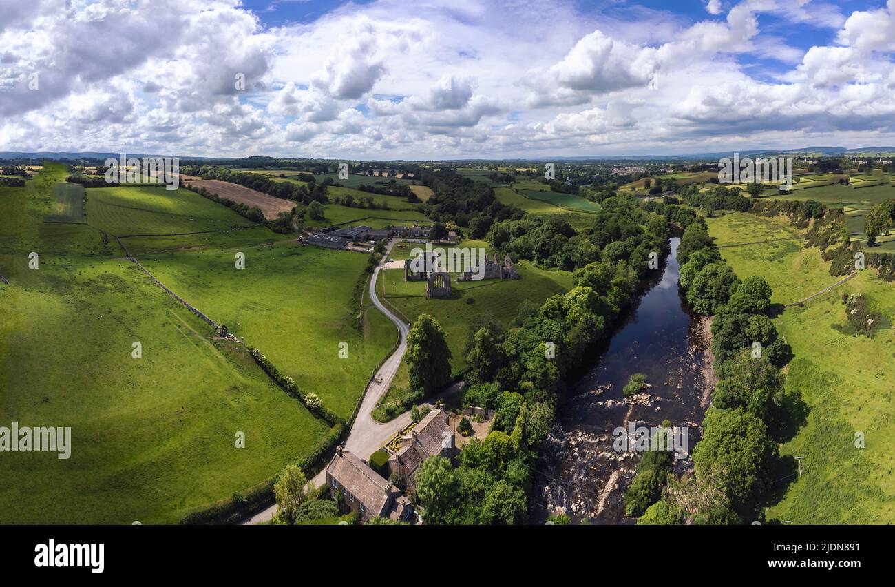 An aerial view of the ruins of Egglestone Abbey near Castle Barnard in ...