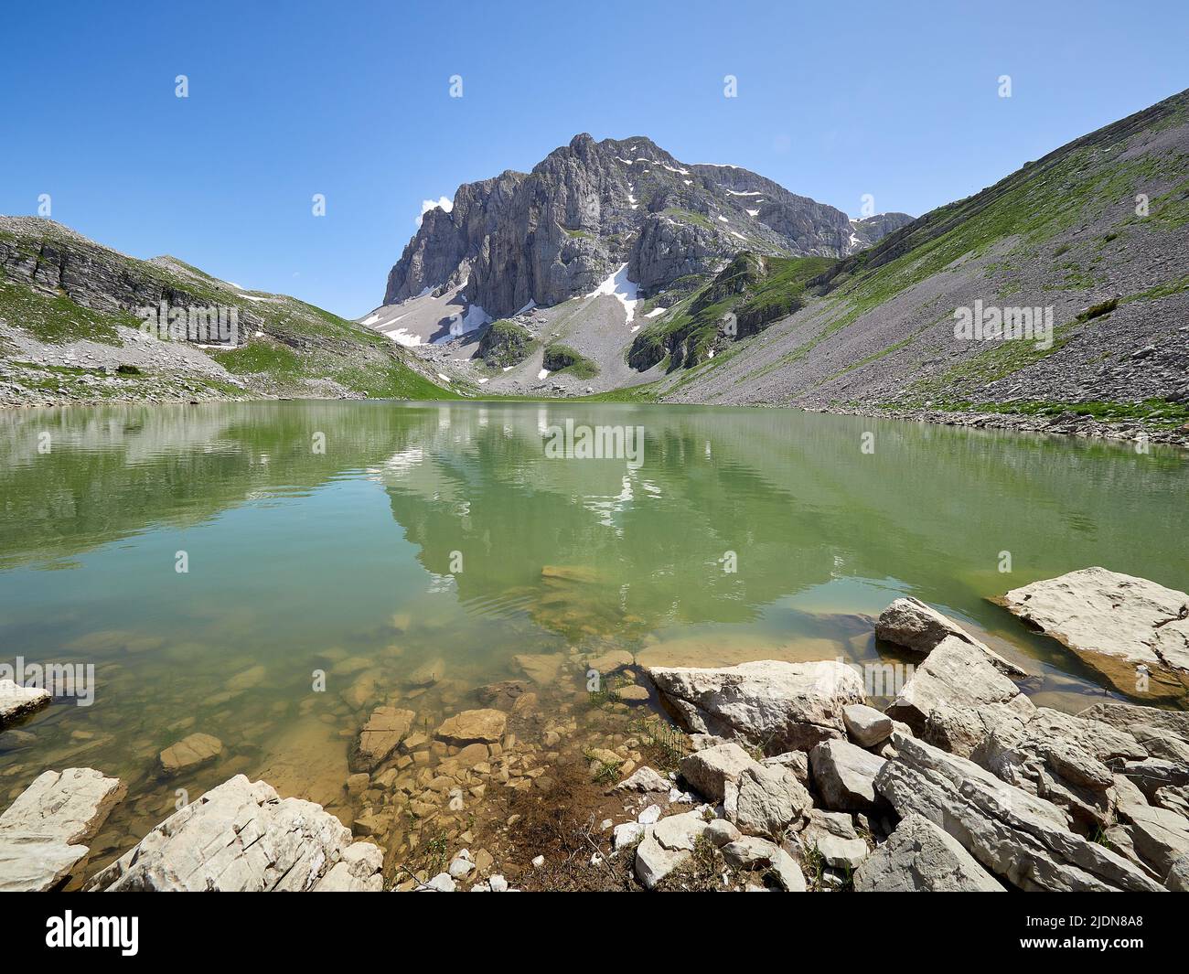 The inaccessible north face of Mount Astraka and Xerolimni lake in the ...