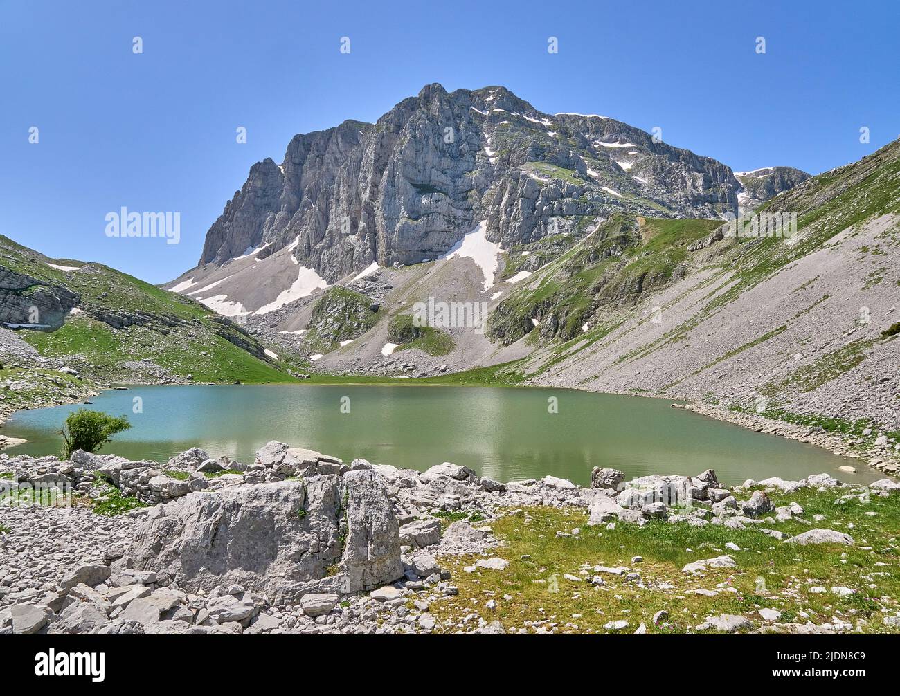 The inaccessible north face of Mount Astraka and Xerolimni lake in the ...