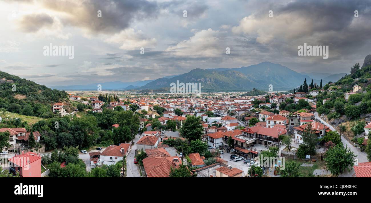 Kalambaka Greece. Sky with heavy clouds over Kalabaka town buildings ...