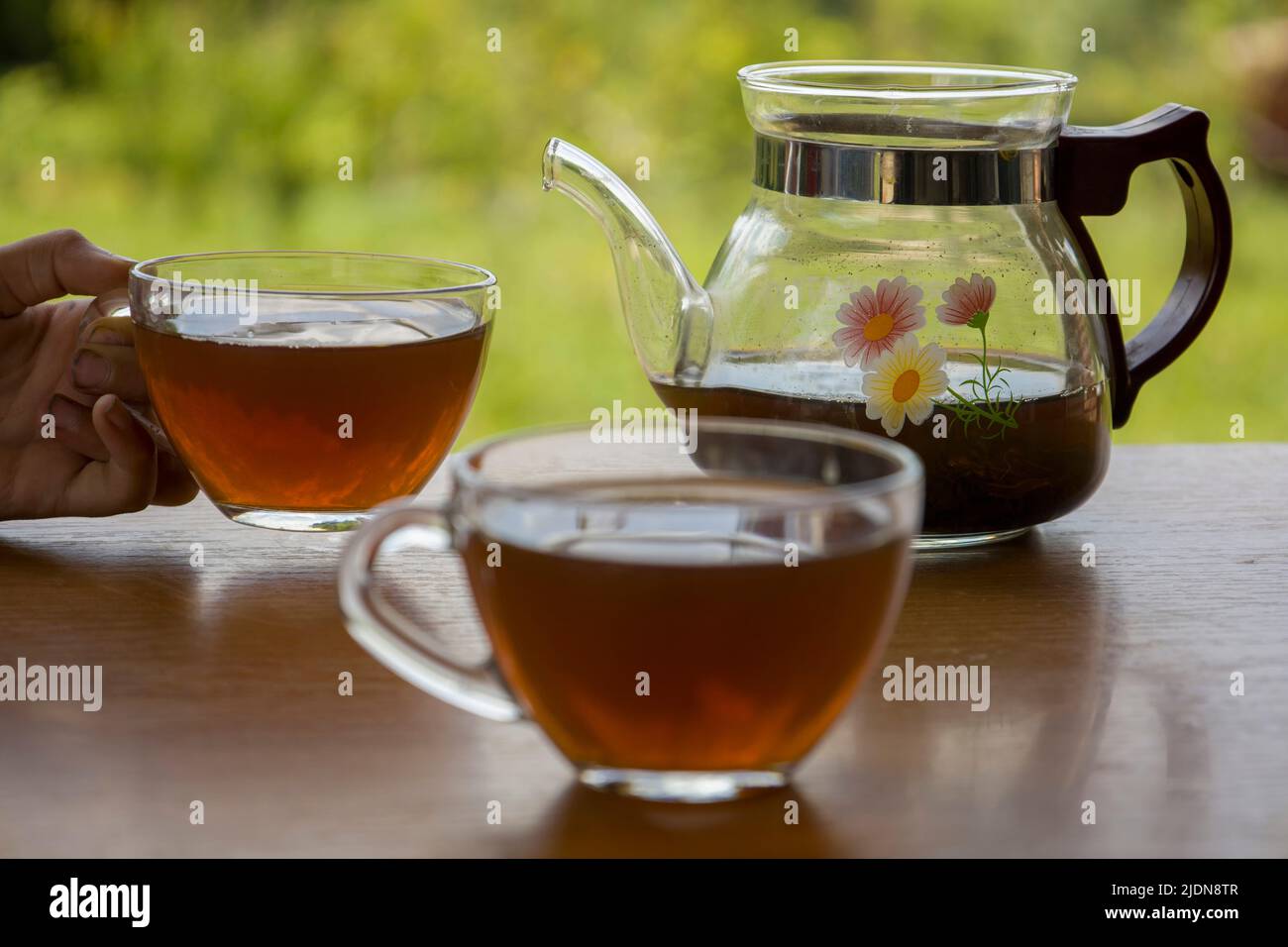 Teapot with a transparent cup of tea in nature Stock Photo - Alamy