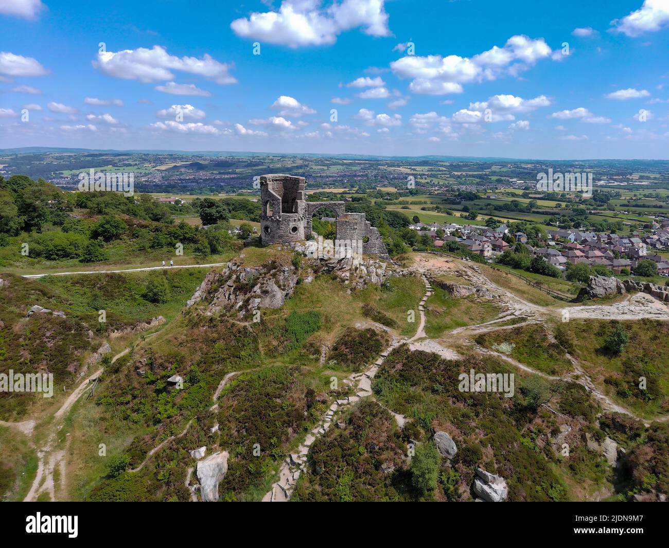 Mow Cop Aerial Drone Stoke on Trent Tourist Site Stock Photo - Alamy