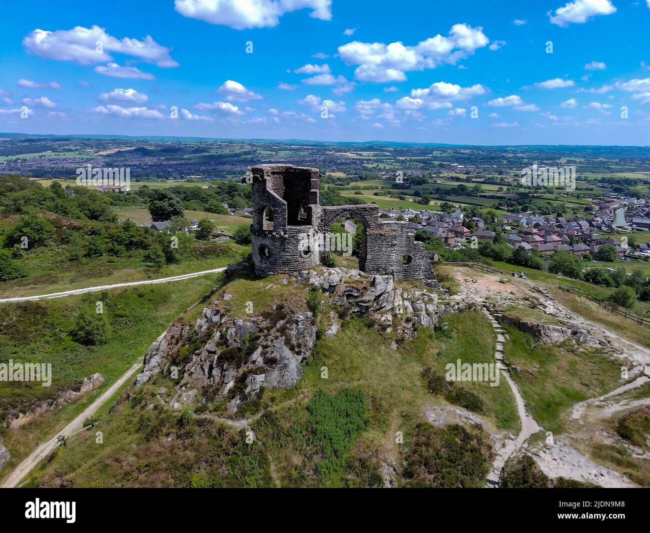 Mow Cop Aerial Drone Stoke on Trent Tourist Site Stock Photo - Alamy