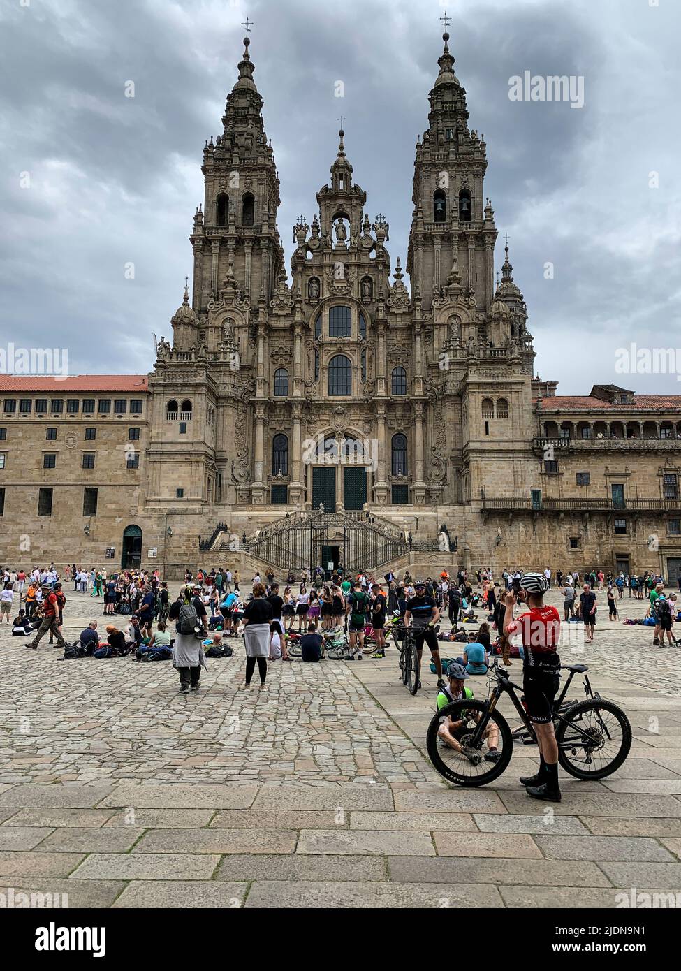 Spain, Santiago de Compostela. Pilgrims Resting in the Plaza de ...