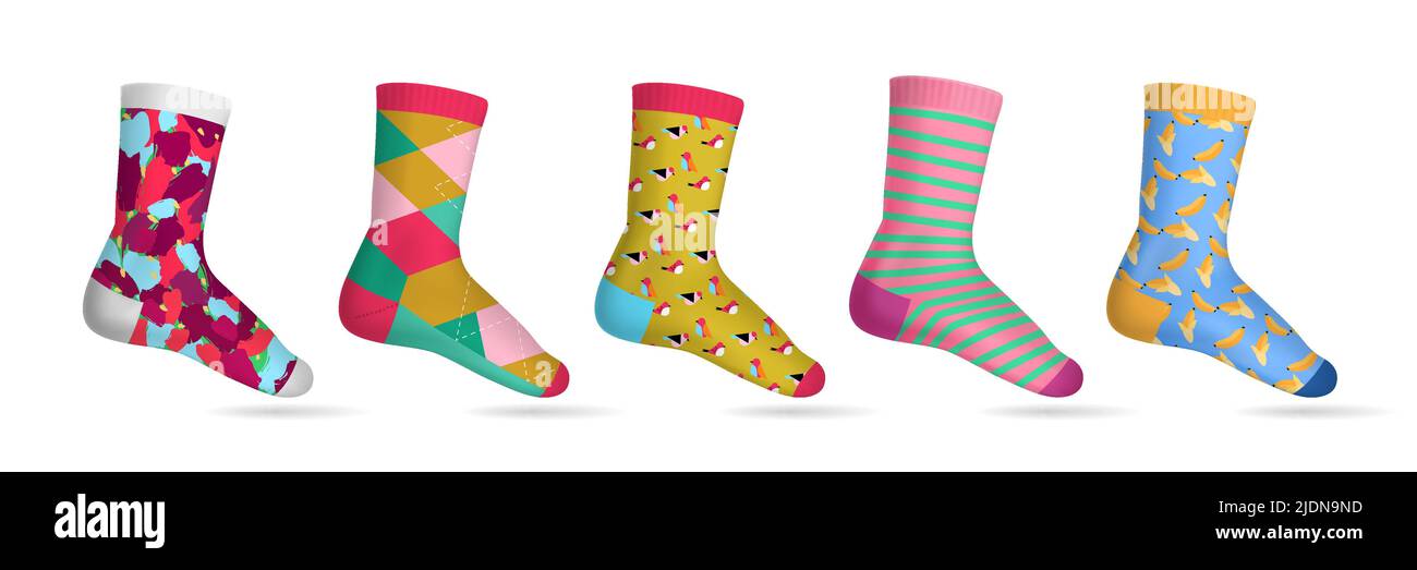 Realistic multicolored woman socks set with 5 various of patterns on ...