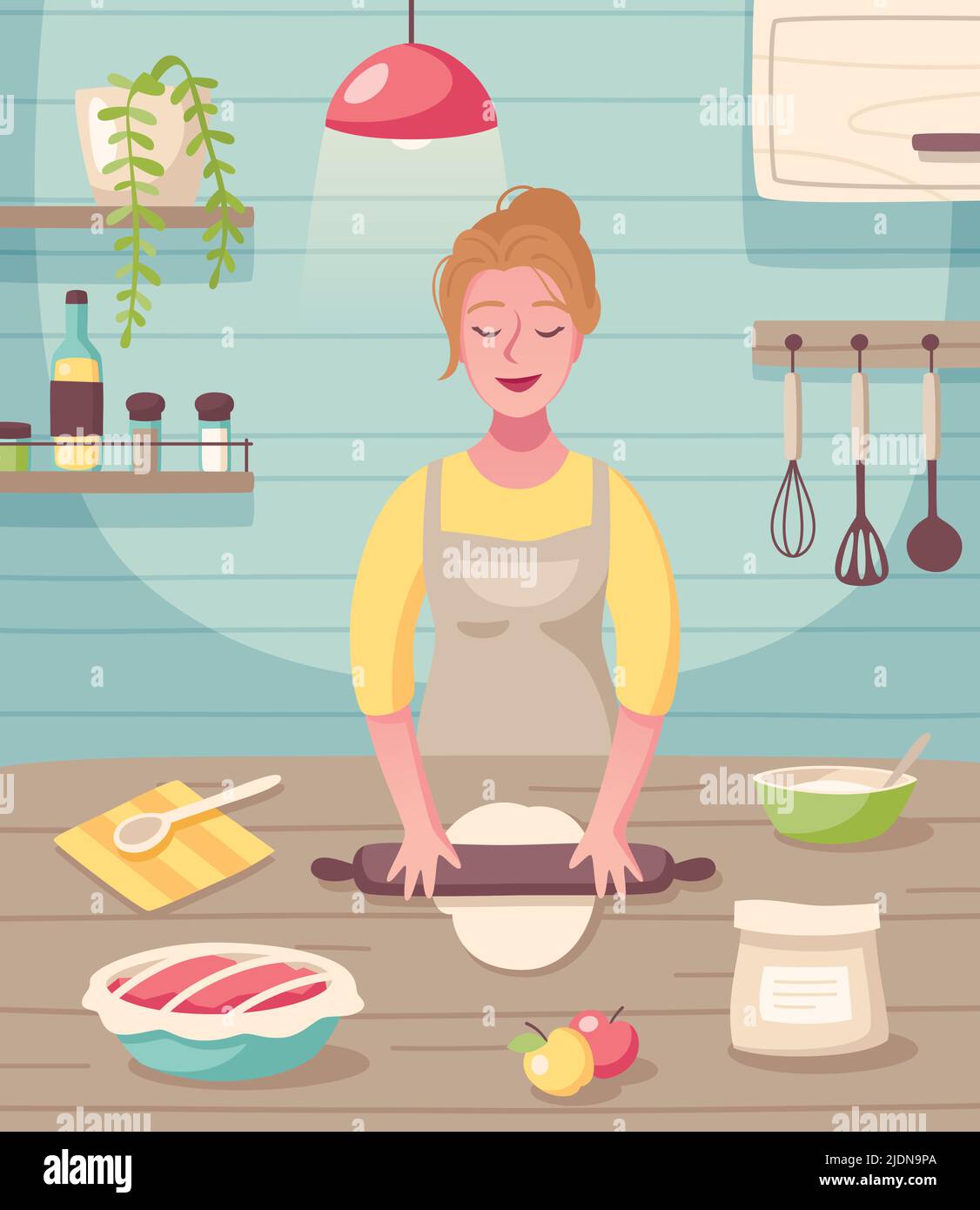 Cooking baking hobby flat cartoon composition with woman creating ...