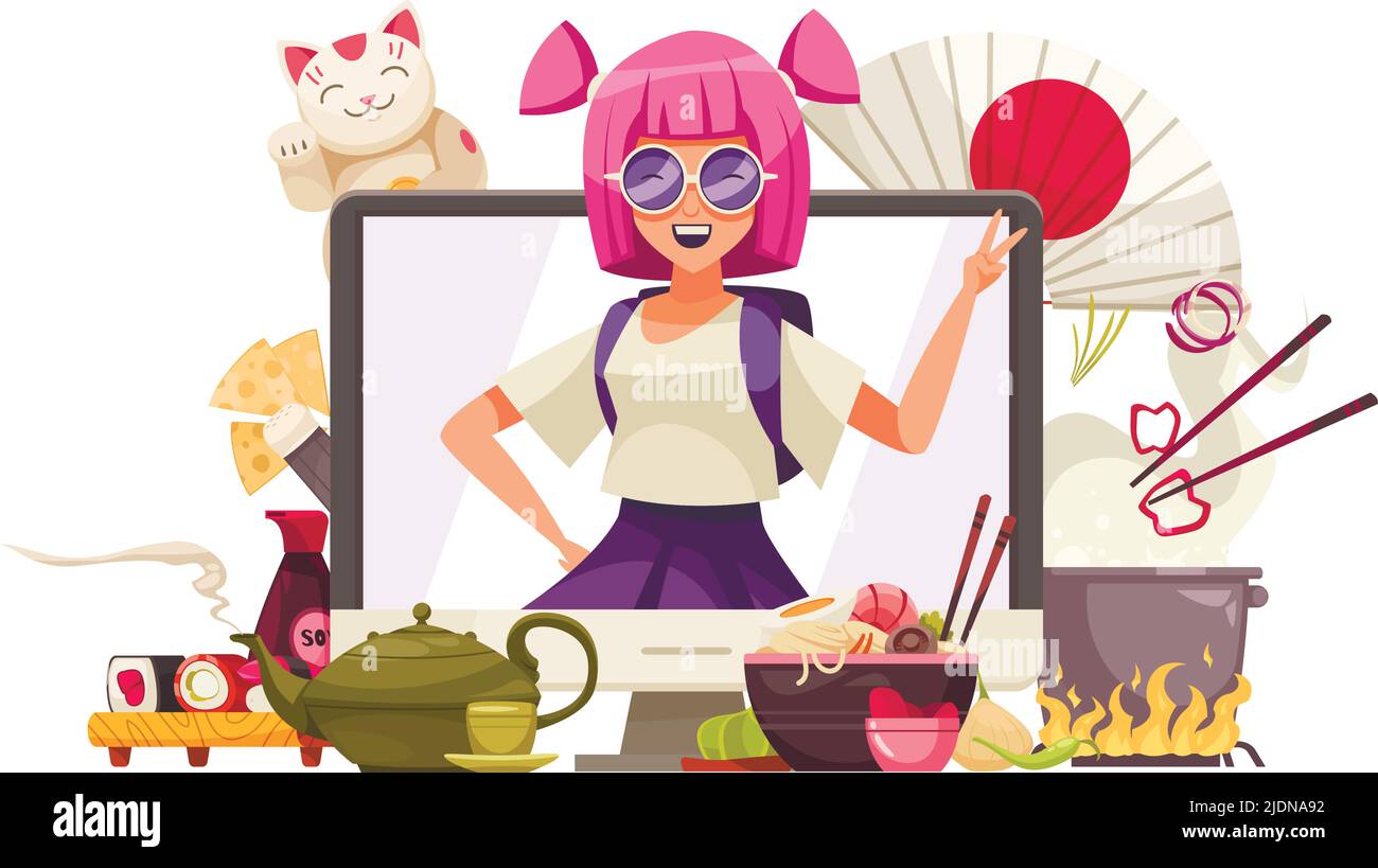 Japan composition with computer screen and anime girl surrounded by tea ...