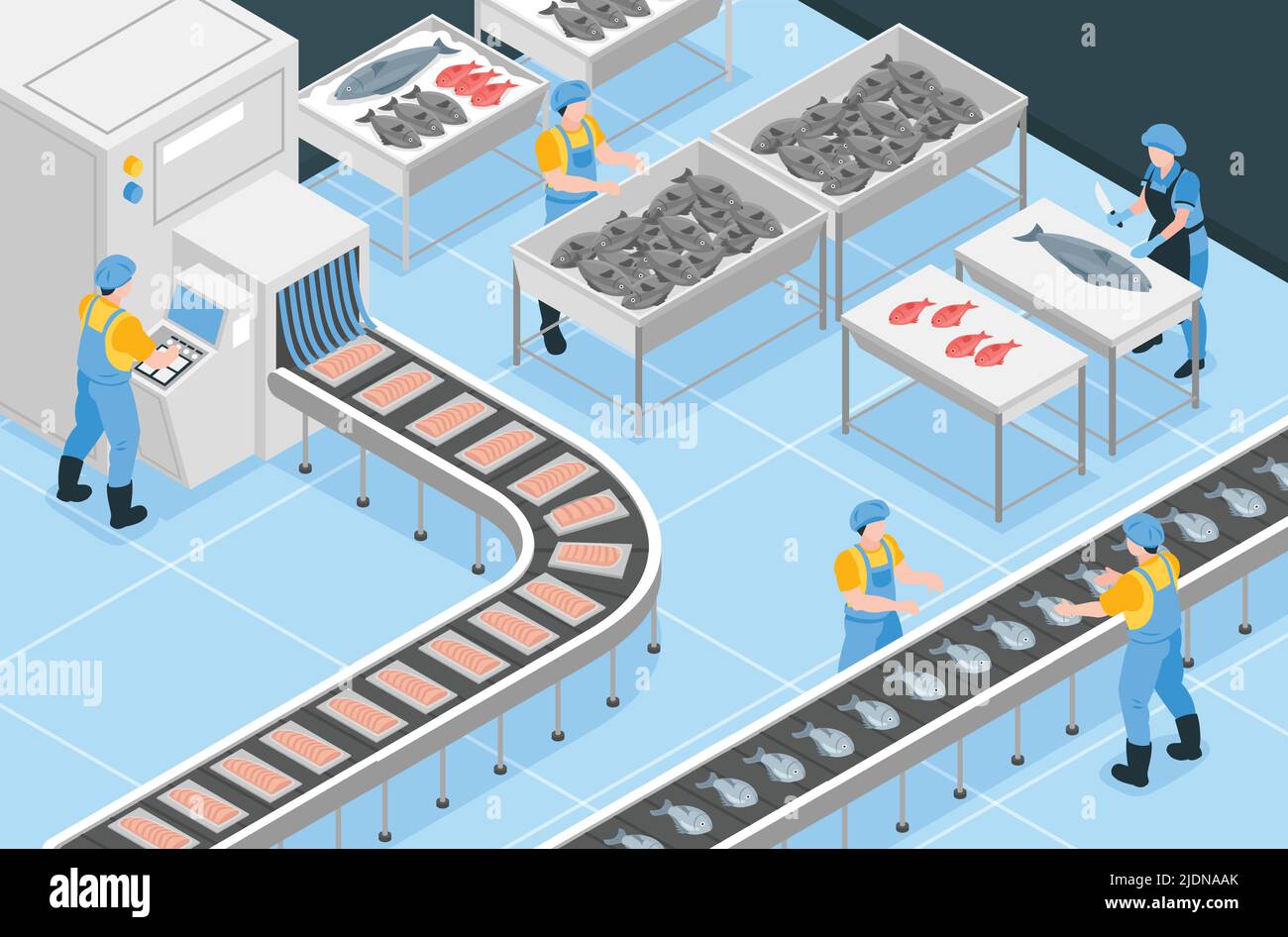 Fishing production isometric background with workers involved in hand ...