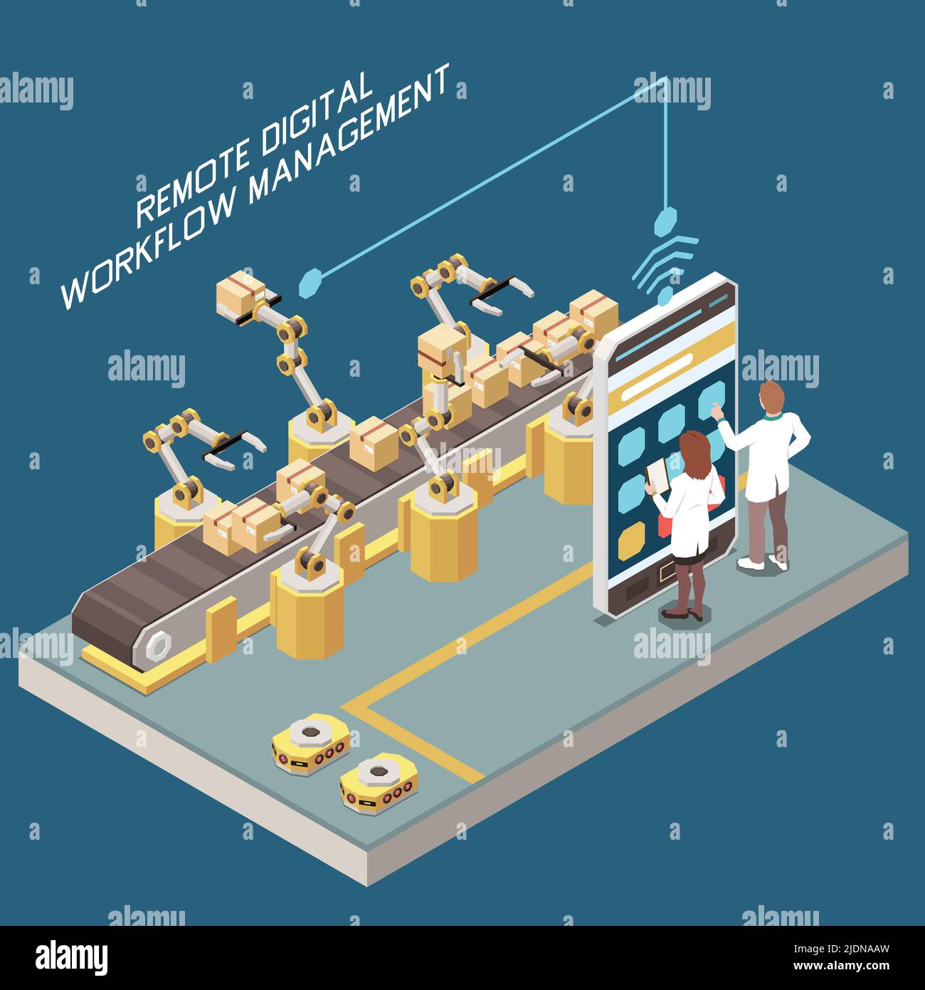 Digitization in manufacturing isometric 3d concept with factory ...