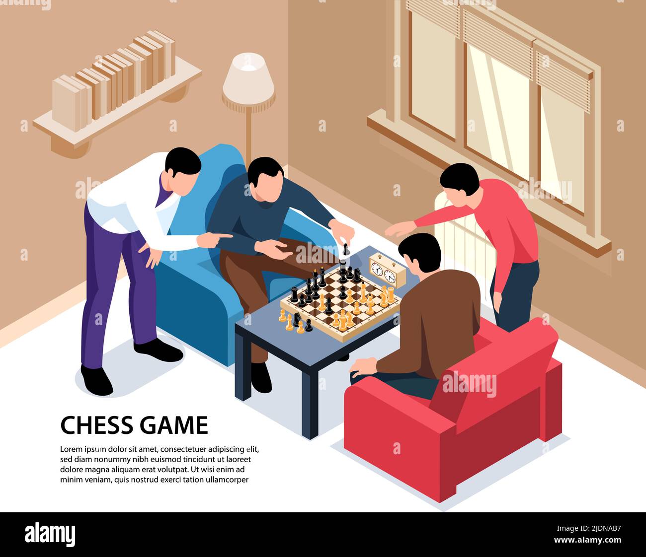 Isometric chess game background with editable text and indoor home ...