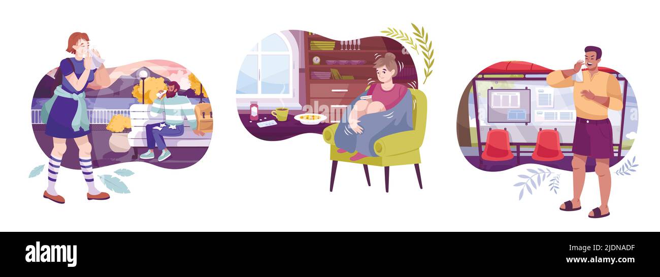 Colds symptoms set of flat compositions with outdoor and home views ...