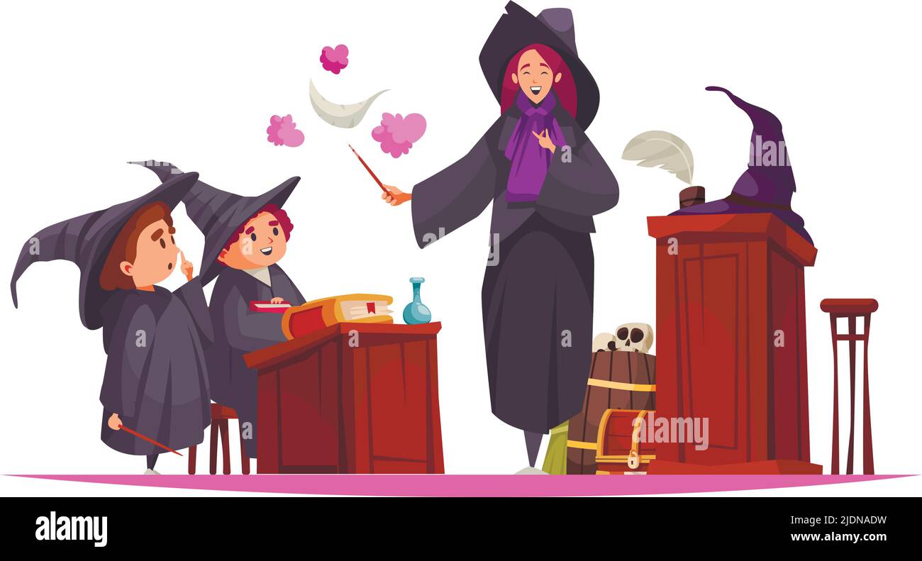 Magic school composition with view of class with pupils in hats and ...