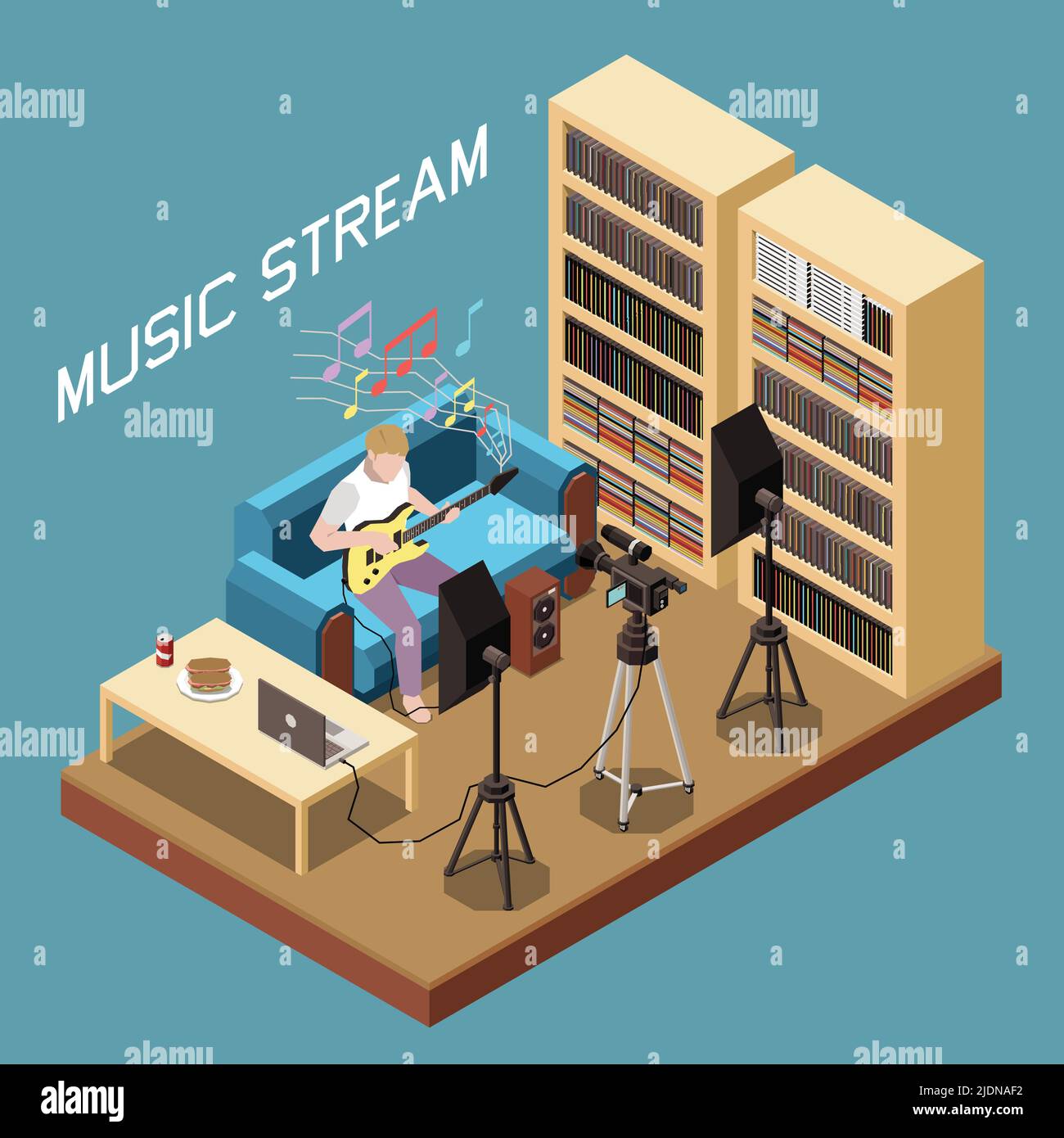 Isometric music stream composition with man playing guitar online 3d ...
