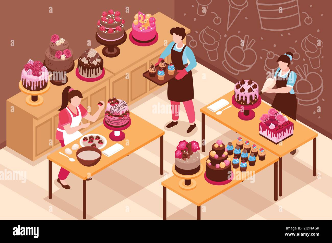 Homemade cake isometric background with women decorating prepared ...