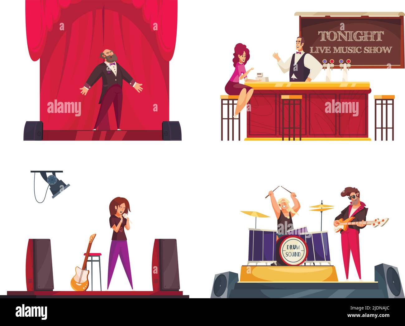 Bar live music composition icon set opera singer performance music bar ...
