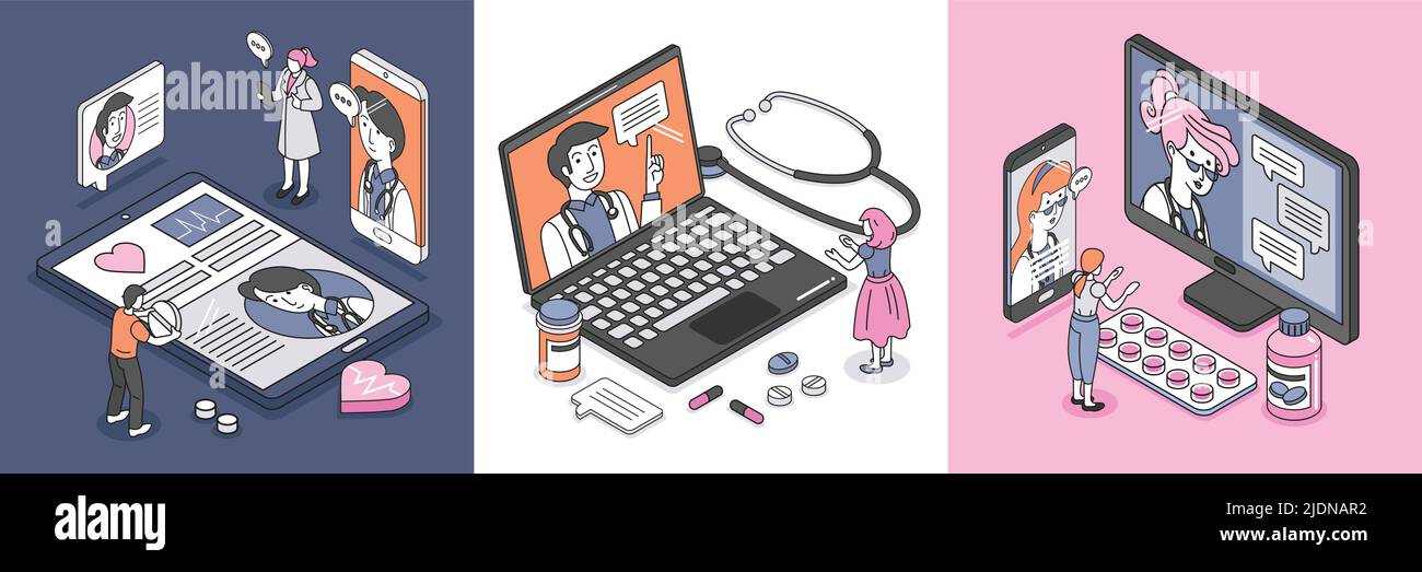 Doctors giving online medicine consultation isometric design concept 3d ...