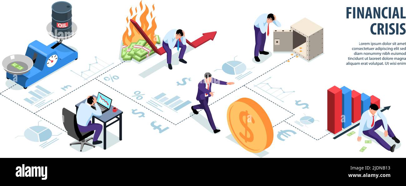 Isometric world financial crisis infographics with editable text ...