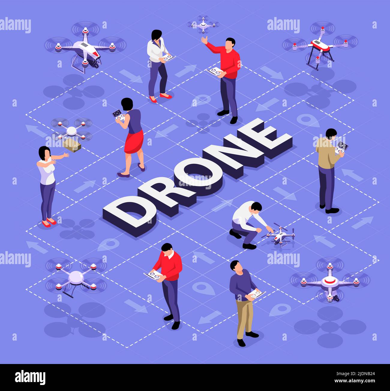 Isometric drone flowchart composition with editable text and human ...