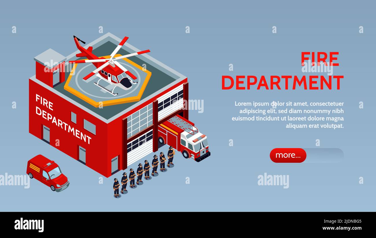 Fire department horizontal banner with fire trucks in garage helitack ...