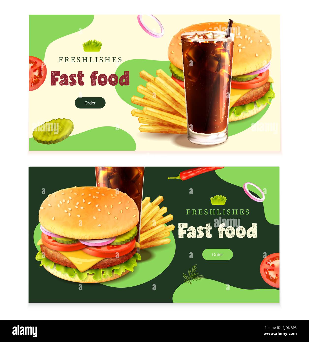 Fast food realistic horizontal banners set isolated vector illustration ...
