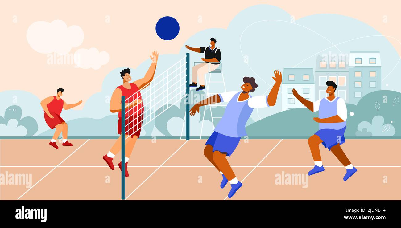 Volleyball court composition of outdoor scenery with cityscape and team ...