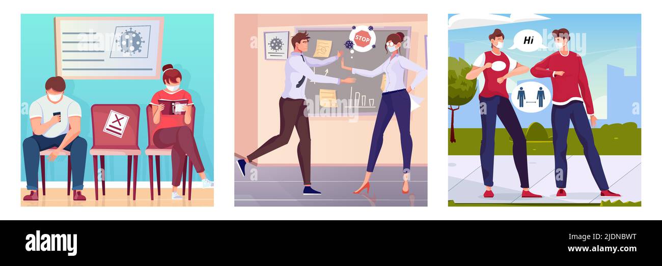 Social distance square compositions set of views various situations ...