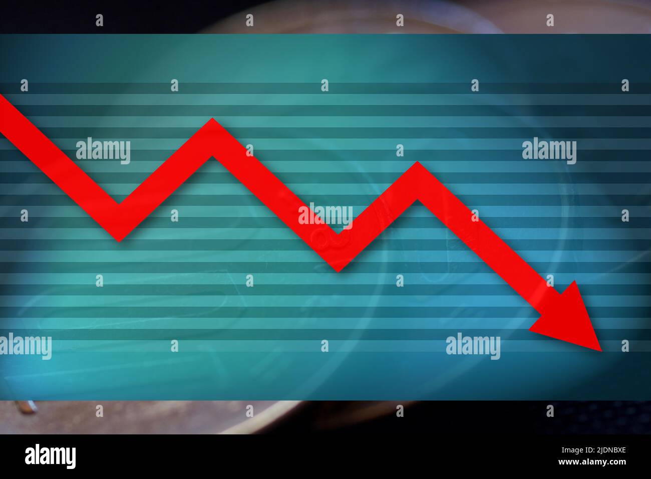 Economy Graph: Down Arrow and Cash Yen Coins Stock Photo - Alamy