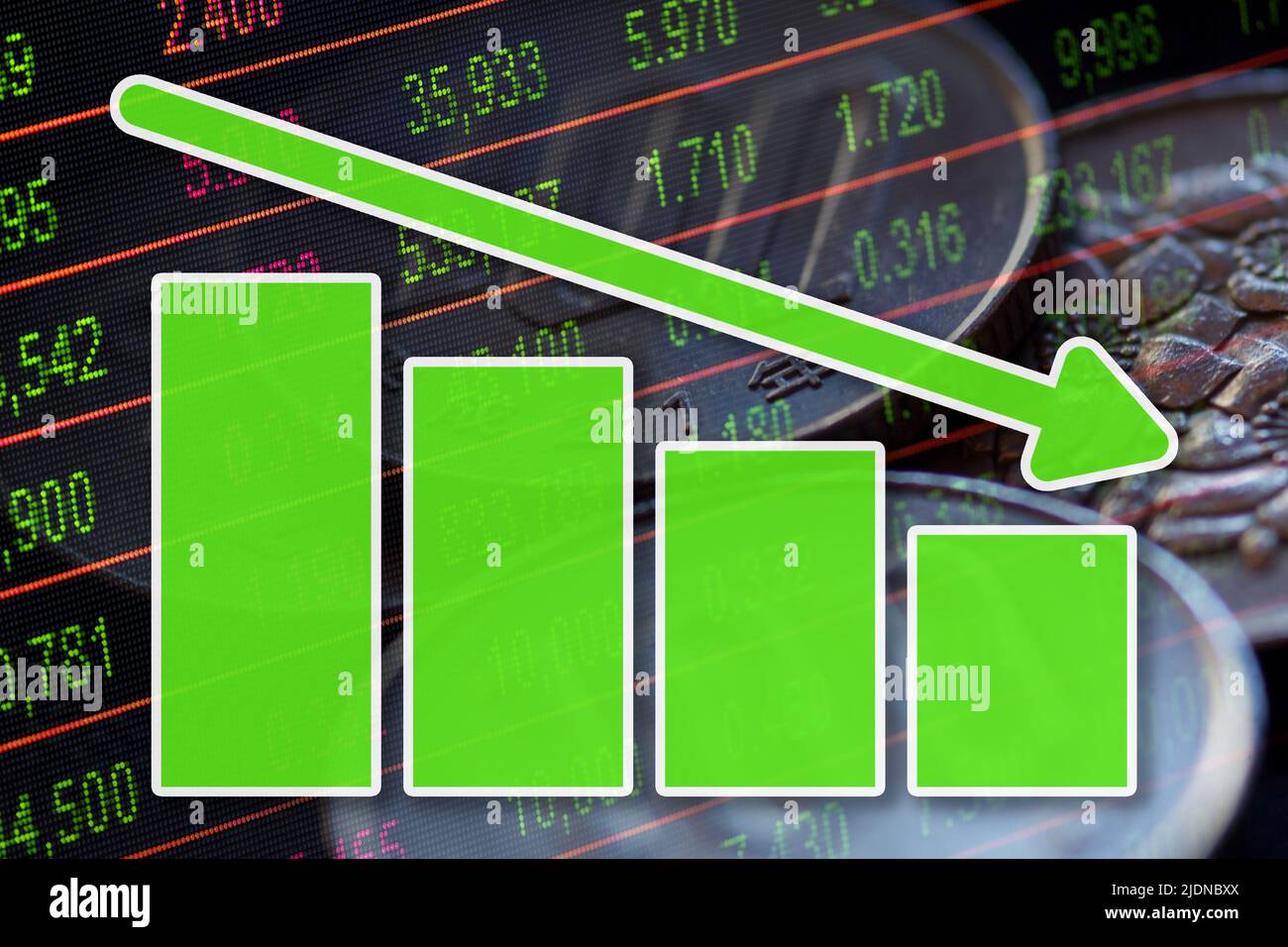 Economy Graph: Down Arrow, Cash Yen Coins and Stock Market Dashboard ...