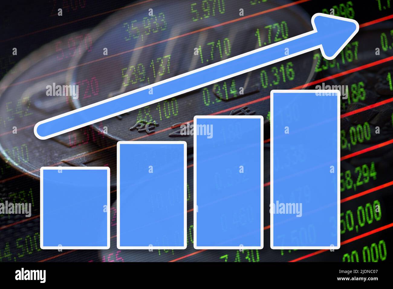 Economy Graph: Up Arrow, Cash Yen Coins and Stock Market Dashboard ...