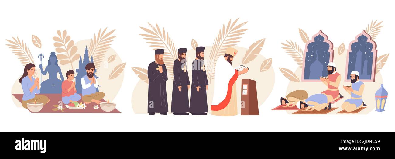 Flat world religions icon set with groups of Buddhist Christians and ...
