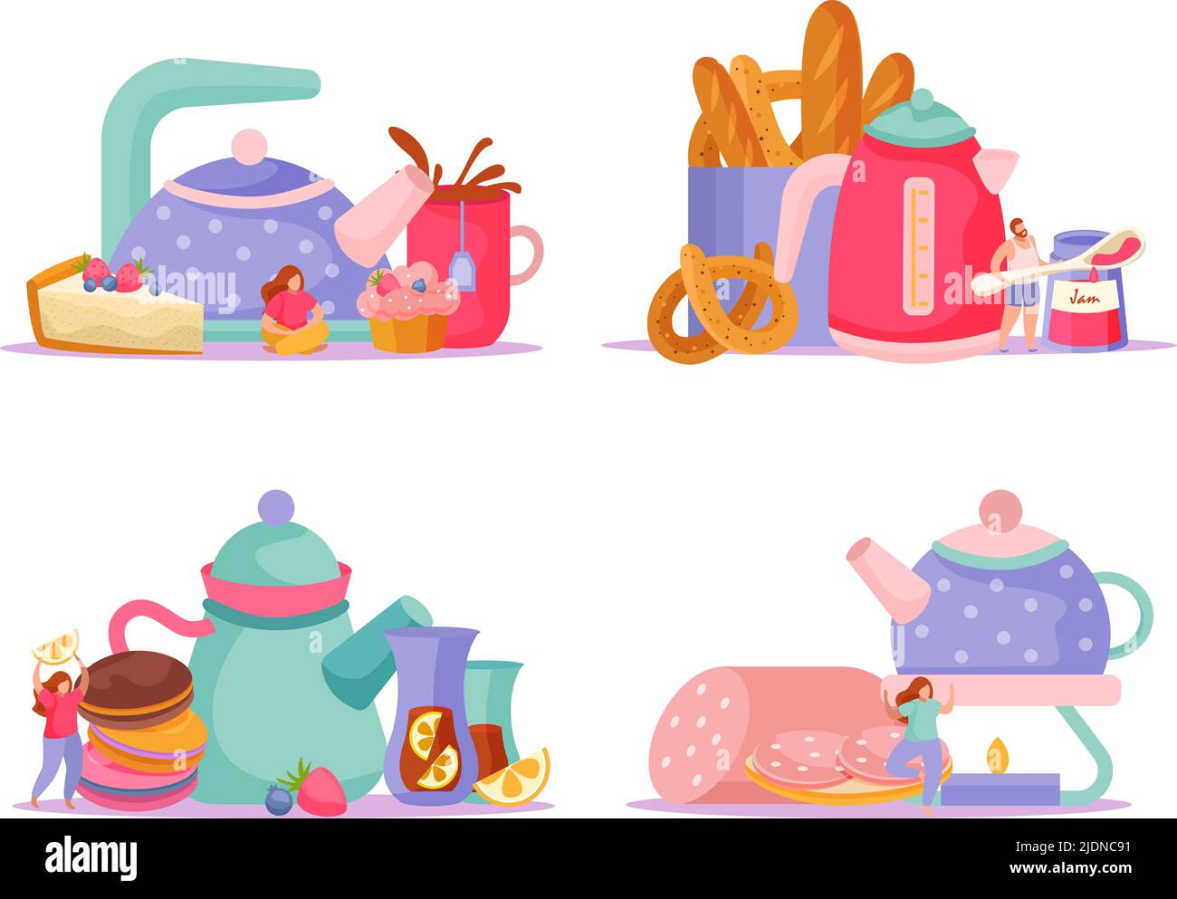 Tea time flat 4x1 set of isolated compositions with teapots cups snacks ...