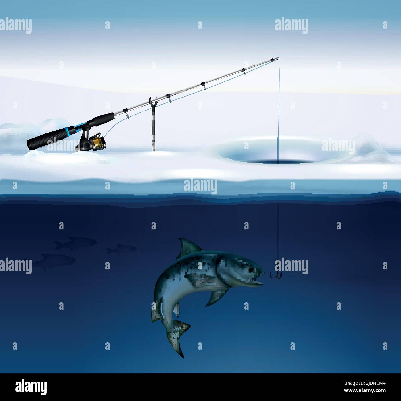 Winter fishing composition with realistic image of fish under ice with ...