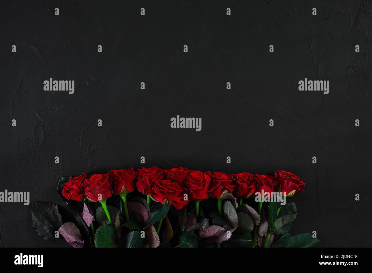 Bouquet of red roses on a black background. Top view Stock Photo - Alamy