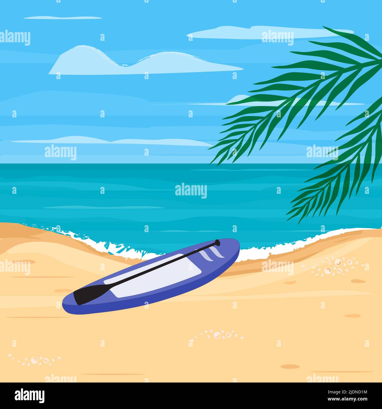 Vector illustration Stand up paddle board. SUP. Sea background. Beach ...