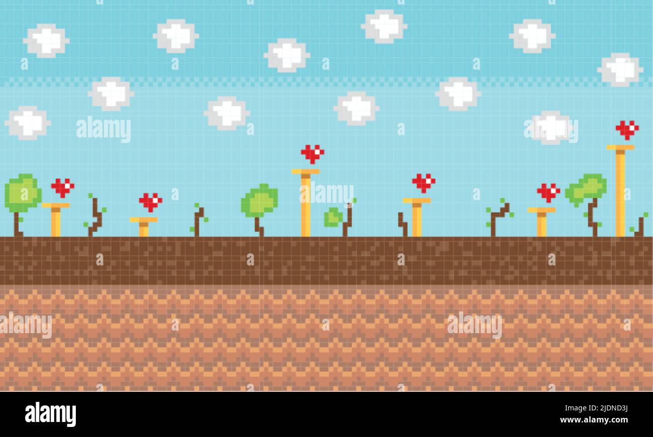 Colored pixelated videogame scenary with trees and flowers Vector Stock ...