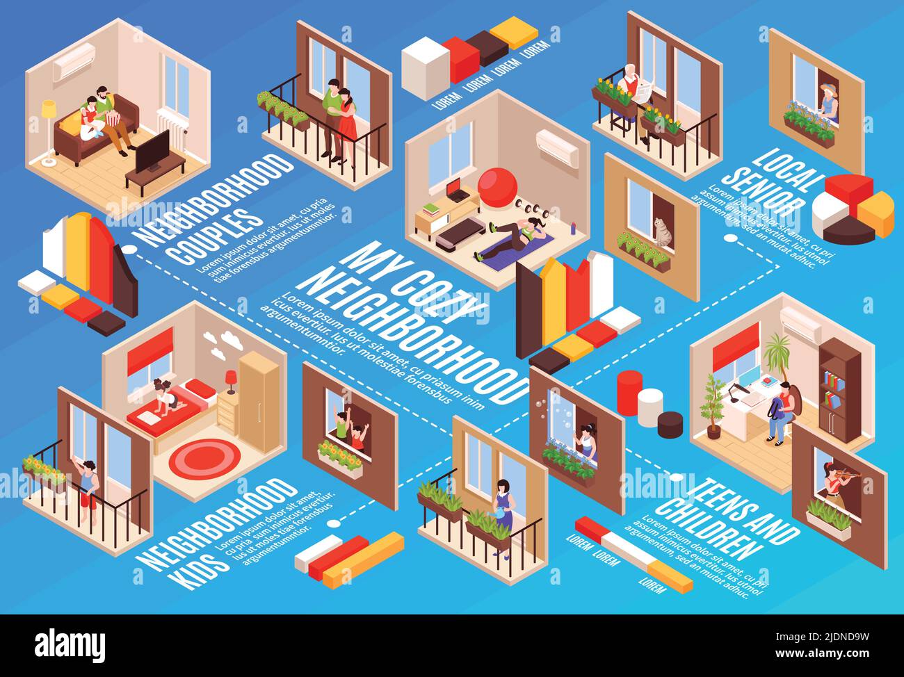 Isometric neighbors horizontal composition with bar chart elements text ...