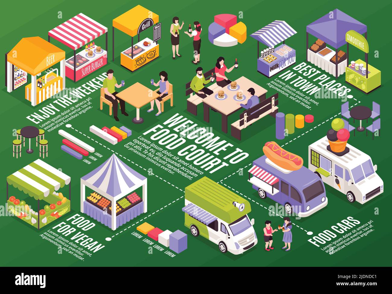 Isometric food courts fair horizontal composition with infographic ...