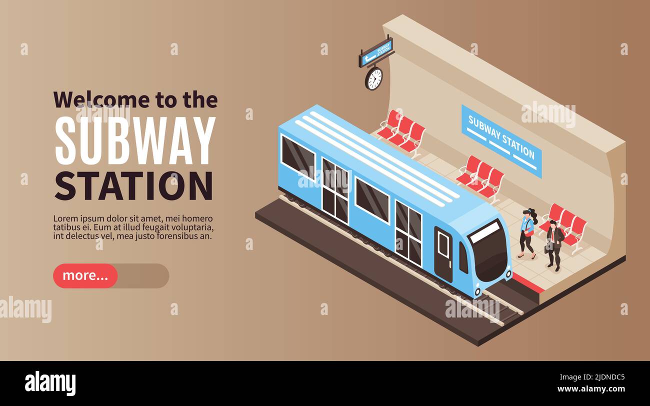 Isometric metro subway horizontal banner with editable text more button ...