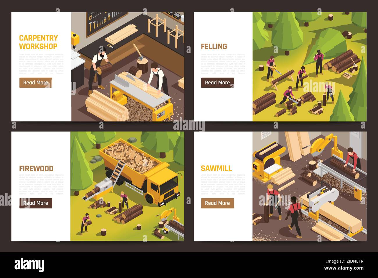Isometric horizontal banners set with lumberjacks working in forest ...