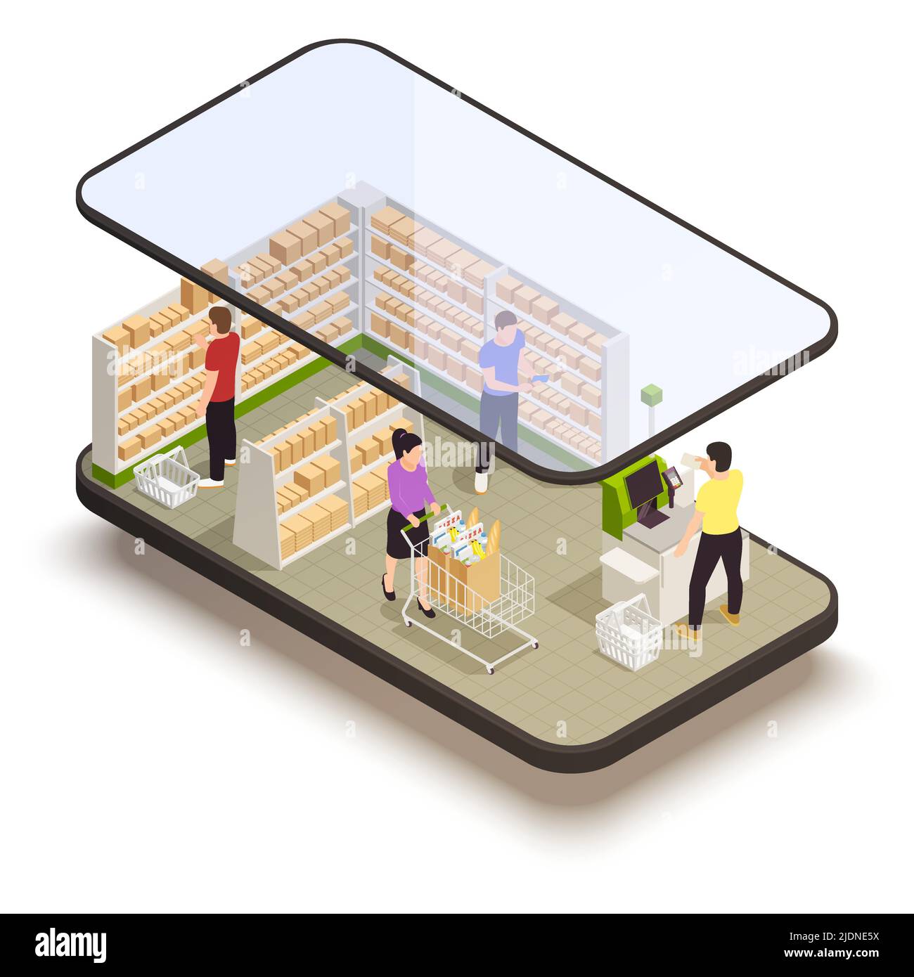People with carts in supermarket using self checkout isometric online ...