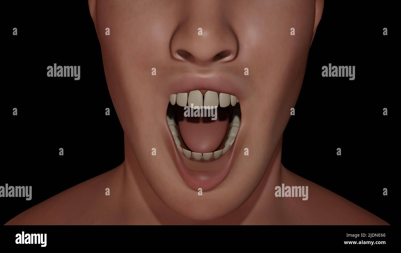 Person with open mouth showing teeth closeup. . 3d render illustration ...