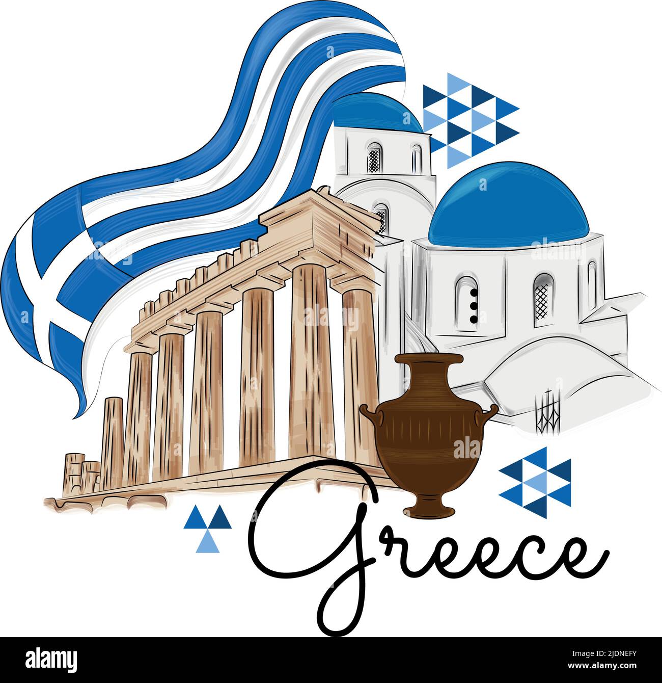 Colored greece travel promotion with Santorini buildings and temples ...