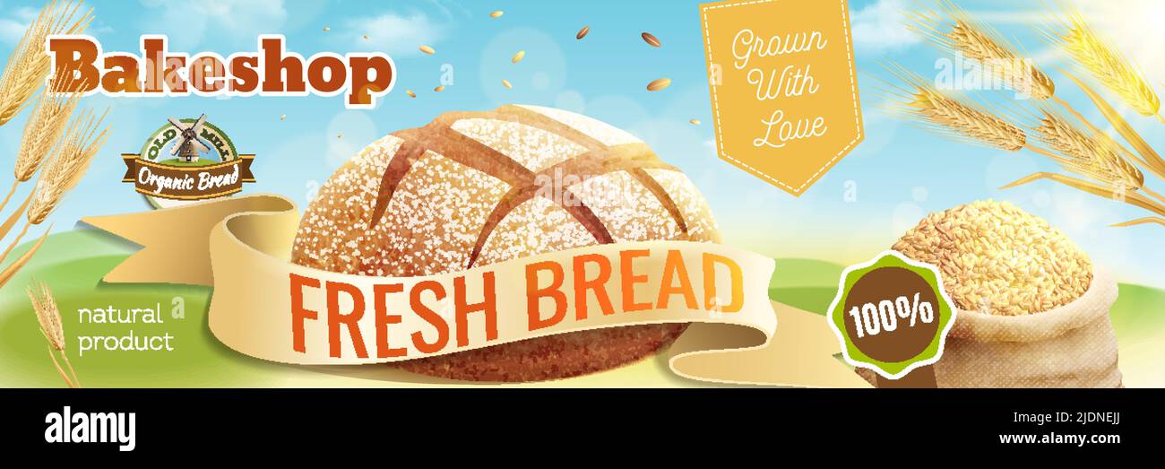 Realistic bread horizontal poster with editable text badges and outdoor ...