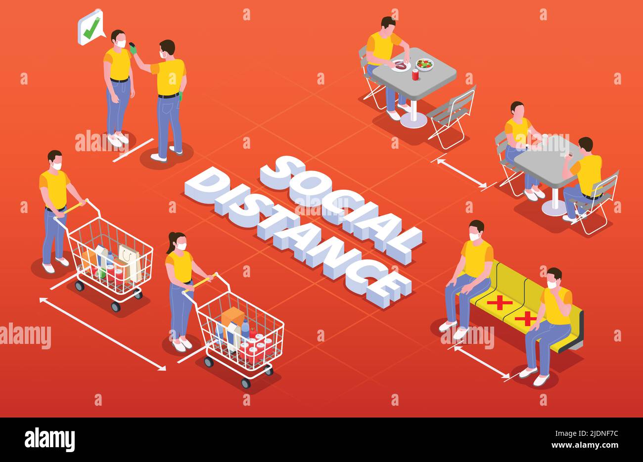 Social distancing isometric composition with text and people keeping ...