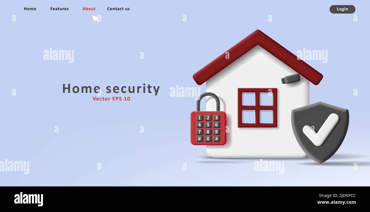 3d house illustration with padlock and shield. property security icon ...