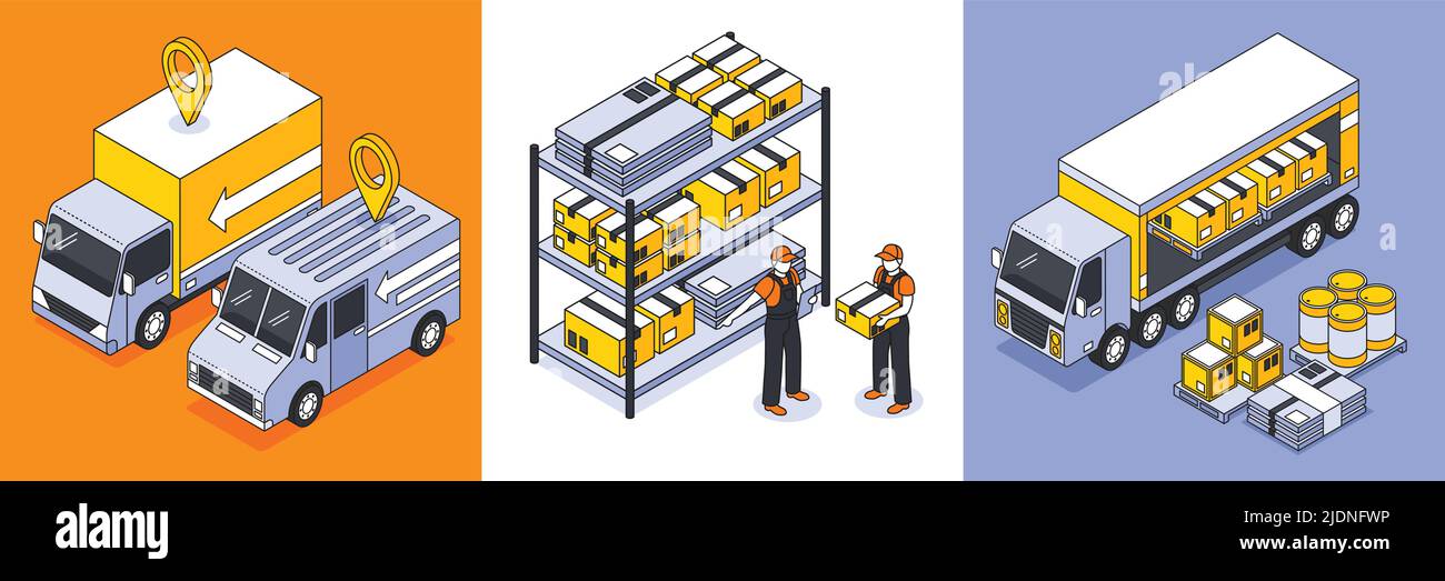 Isometric logistics design concept with images of boxes on warehouse ...