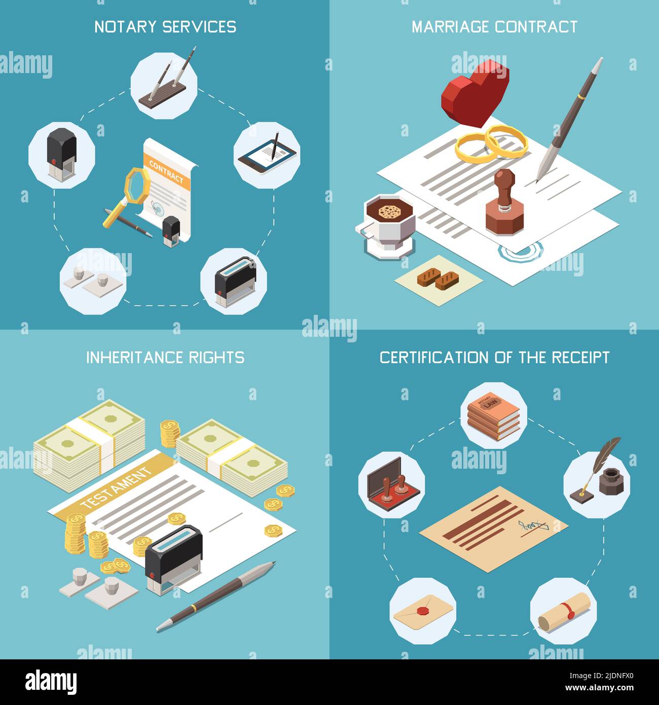 Notary services 2x2 design concept set of marriage contract inheritance ... Notary services 2x2 design concept set of marriage contract inheritance ...