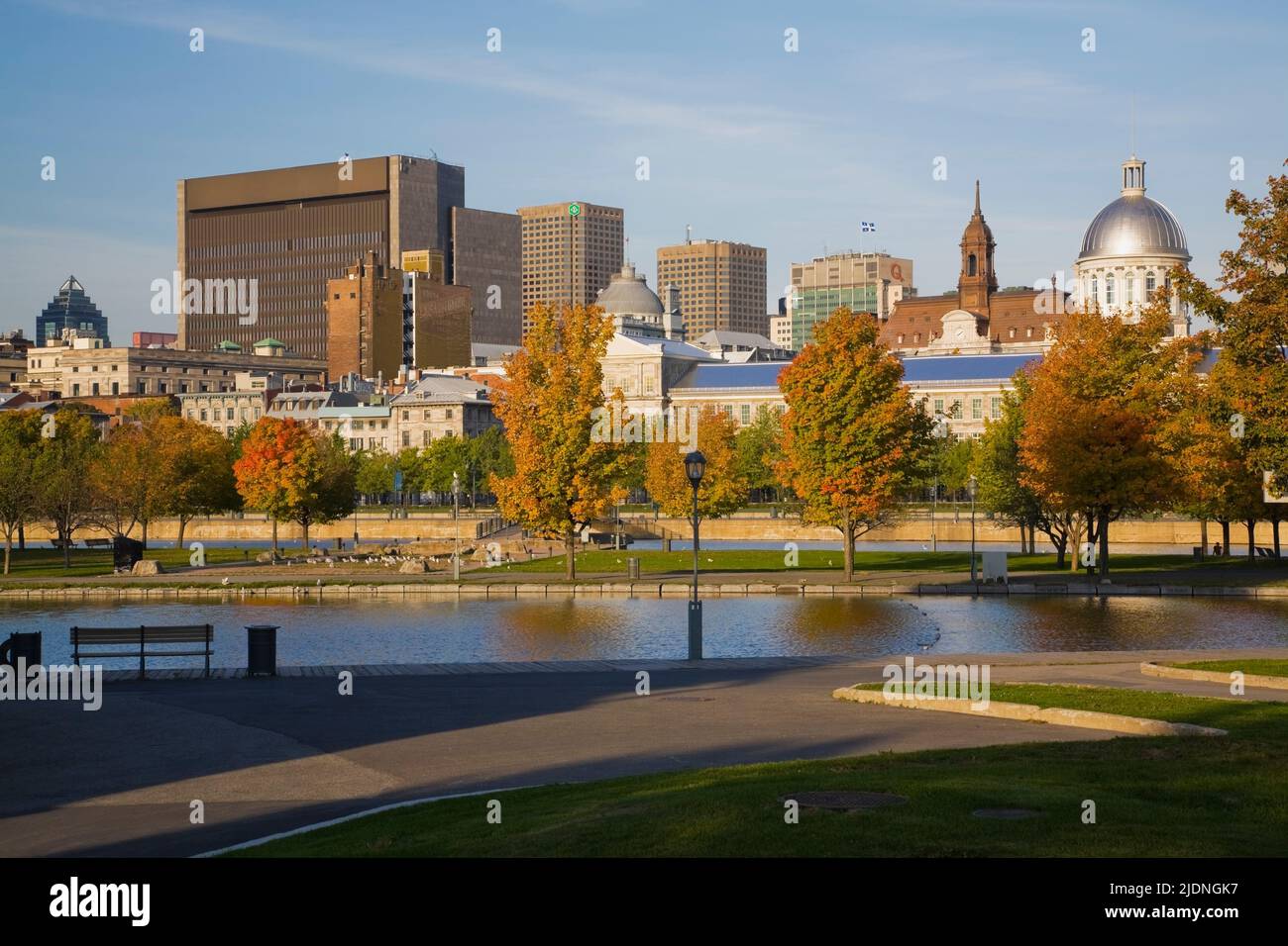 Old Montreal skyline taken from Bonsecours Basin in autumn, Quebec ...